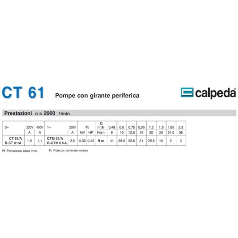 Calpeda pompa a girante PERIFERICA CTM 61 Monofase 0,45HP per aumento ...