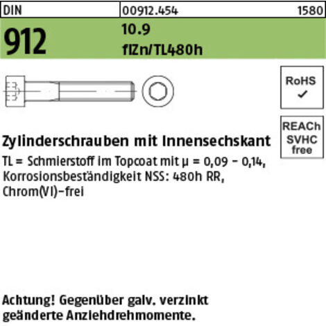 Zylinderschraube DIN 912 m.Innensechskant M 6 x 30 10.9 zinkbesch ...