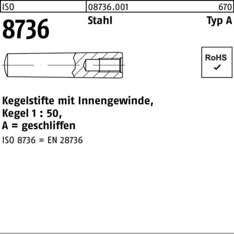 Kegelstift ISO 8736 m.Innengewinde A 8 x 26 Stahl Kegel 1:50 ISO 8736