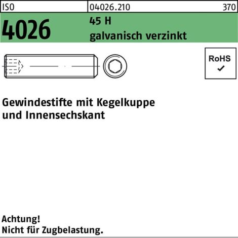 Gewindestift ISO 4026 Kegelkuppe/Innen-6-kant M 16 x 40 45 H galvanisch ...