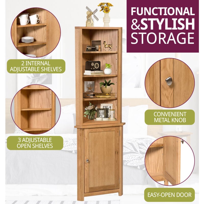 Hallowood Furniture Waverly Oak Corner Display Cabinet in Light Oak Solid Wooden Storage Unit with 5 Adjustable Shelves Small Cupboard Corner Cabinet for Kitchen Living Room