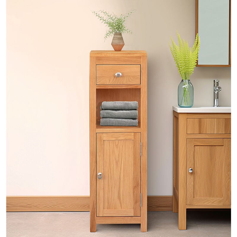 Hallowood Furniture Waverly Oak Bathroom Cabinet Light Oak Bathroom Storage Unit with Shelf Drawer Solid Wooden Display Cabinet with Small Cupboard Hallway Storage Unit