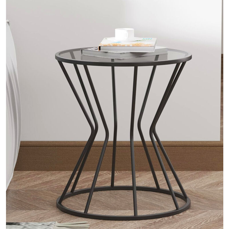 Hallowood Furniture Burton Black Metal Coffee Table Round Side Table with Tinted Glass Top Side Table with Power Coated Metal Frame Bedside Table Sofa Side Magazine Table