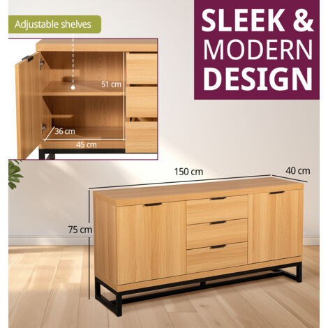 Hallowood Furniture Newquay Large Sideboard with Metal Base, 3 Drawers ...