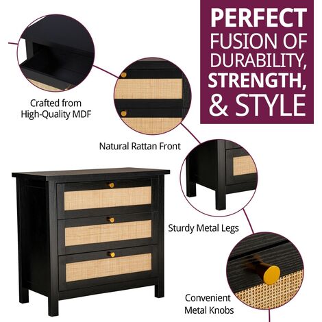 Hallowood Furniture Newquay Black Chest with 3 Wooden Drawers & Rattan ...
