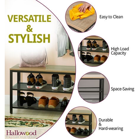 Hallowood Furniture Malvern 2 Tier Metal Shoe Rack with Wooden Top Modern Shoe Storage Shoe Rack Storage Small Entryway Bench Narrow Shoe Rack for