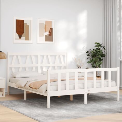 GoodValue Bed Frame with Headboard White King Size Solid Wood
