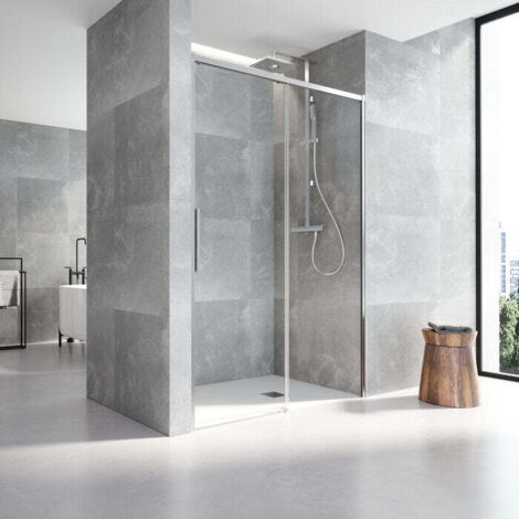 PROFILTEK SALMA Mampara Corredera Perfil Plata Brillo Vidrio Transparente - Medida: 1380-1410 cm ...