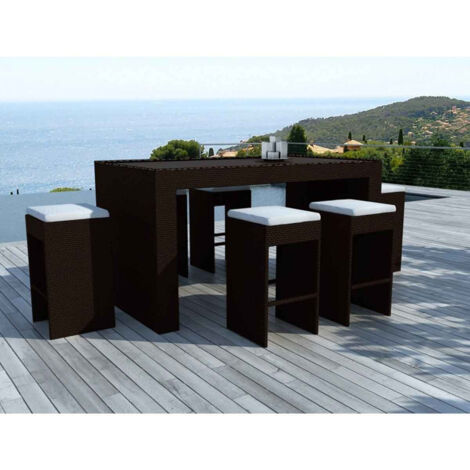 Table de Bar & 6 Tabourets de Jardin "Taxco" 200cm Chocolat