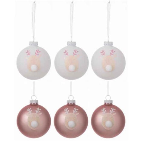 Lot de 6 Boules de Noël "Rennes" 8cm Rose & Blanc