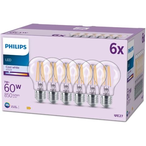 Philips pack de 6 ampoules LED E27, 60W, transparentes, 4000K, blanc ...