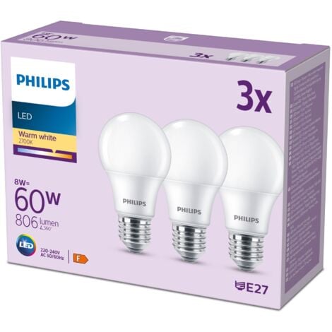 Philips pack de 3 ampoules LED E27, 60W, blanc chaud