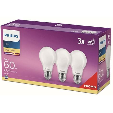 Philips ampoule LED Standard E27 60W Blanc Chaud Dépolie, Lot de 3
