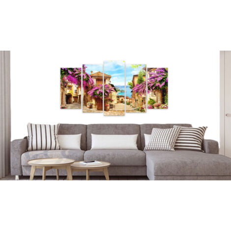 Tableau 5 parties paysage de côme illustré - 150x80 cm