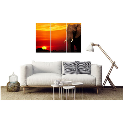 Tableau triptyque deco eléphant et ivoire au coucher du soleil - 90x60 cm