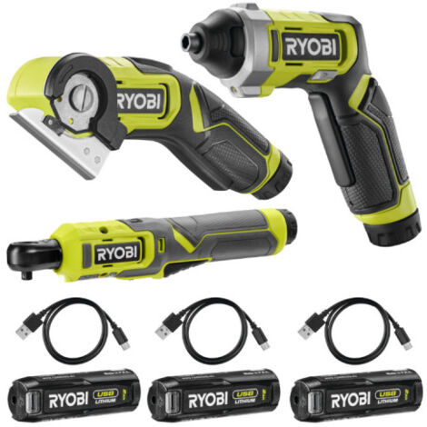 Pack RYOBI 4V Clé à cliquet - Mini-scie - Tournevis - 10 embouts - 3 ...