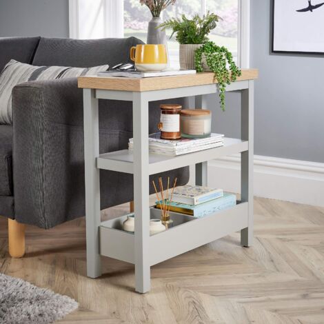 Side Table Grey Storage Shelves Organiser Home Room 36mm Oak Effect Top
