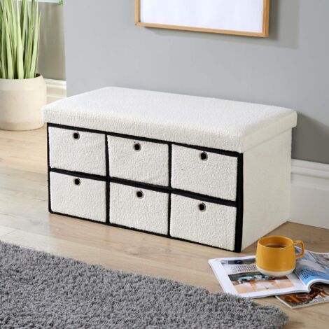 Boucle Cream Fabric Folding Ottoman 6 Drawer Storage Chest Sturdy Space ...