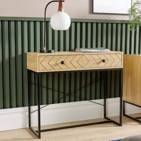 Console Table 2 Drawers Aztec Design Oak Effect Metal Legs Hallway ...