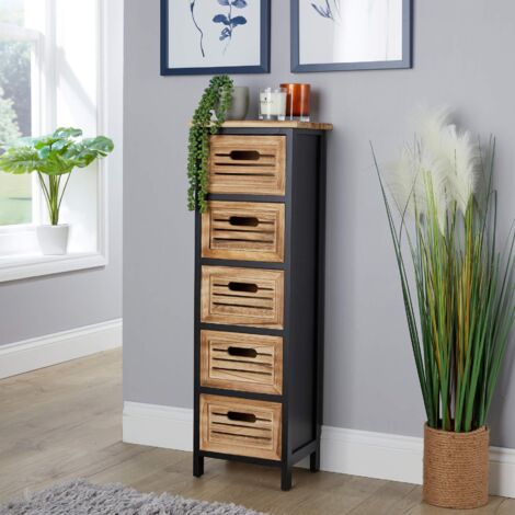 Solid Wooden Storage Chest 5 Drawers Black Oak Effect Organiser Fully ...