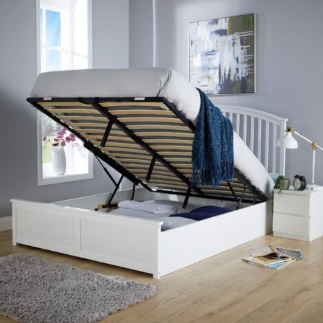 White Double Ottoman Bed Frame Storage Space Upholstered Fabric Modern Style