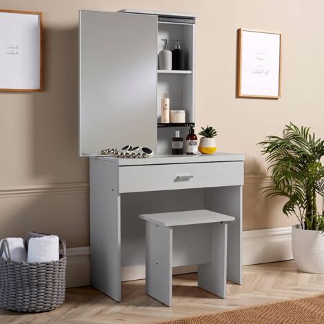 Grey Dressing Table Set With Sliding Storage Vanity Mirror and Stool ...