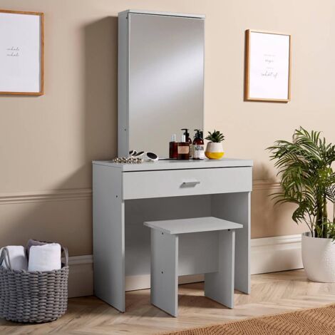 Grey Dressing Table Set With Sliding Storage Vanity Mirror and Stool ...