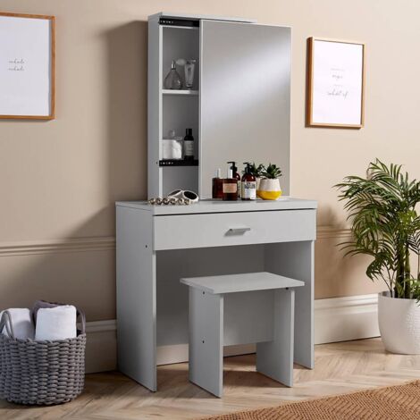 Grey Dressing Table Set With Sliding Storage Vanity Mirror and Stool ...