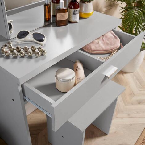 Grey Dressing Table Set With Sliding Storage Vanity Mirror and Stool ...
