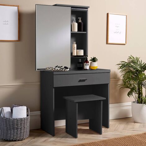 Black Dressing Table Set With Sliding Storage Vanity Mirror and Stool ...
