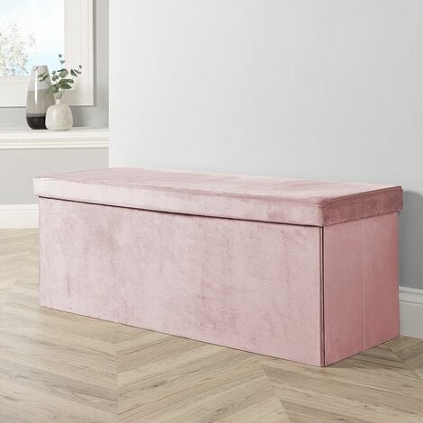 Extra Large Folding Ottoman Pink Velvet Fabric Space Saving Storage ...