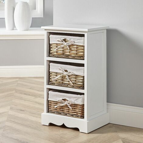 Wooden 3 Drawer Chest Storage Unit Willow Wicker Baskets Bedside Fully ...