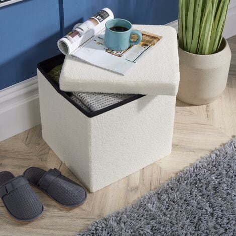 Folding Ottoman Cream Boucle Teddy Bear Fabric Chest Solid Storage Square Box