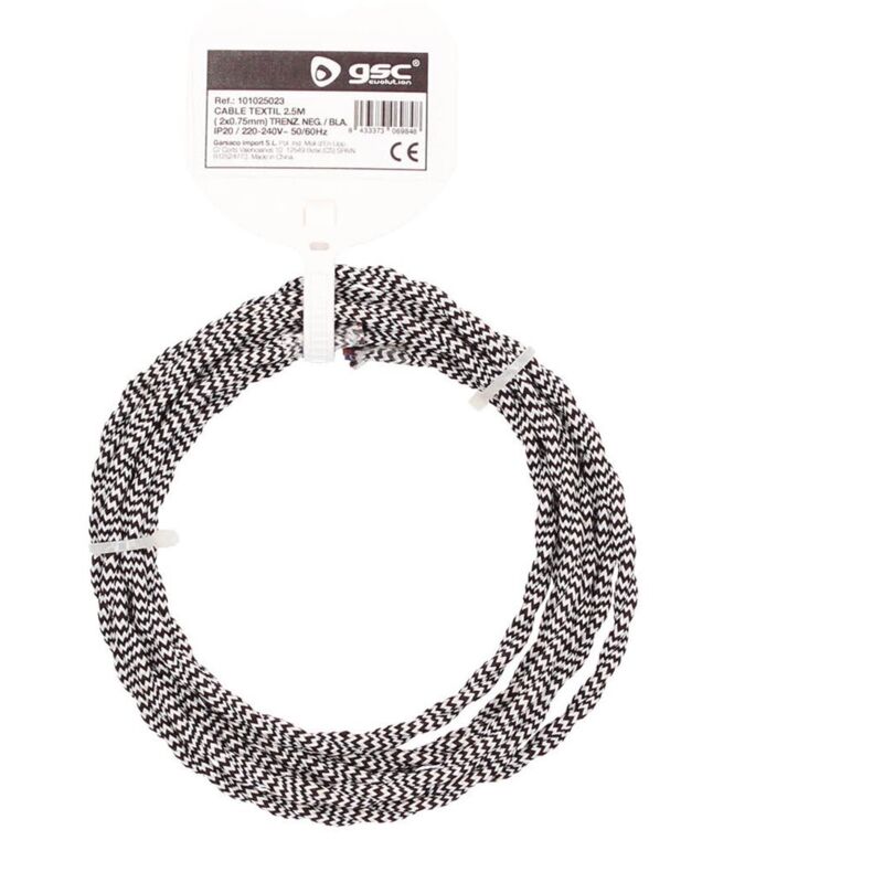 Câble textile 2,5M (2x0,75mm) tressé Noir/Blanc