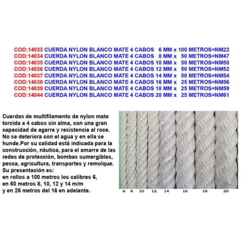 Corde nylon blanc mat 4 brins 16 mm x 25 mètres NM56