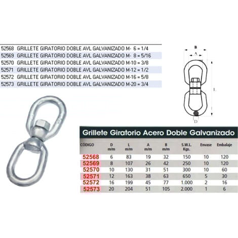 Manille pivotante double AVL galvanisée M12 1/2