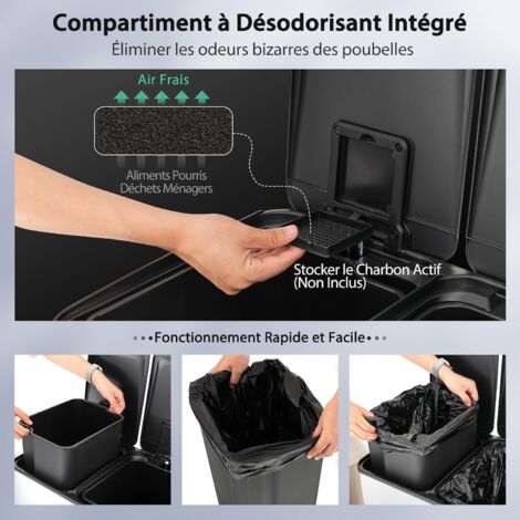 Poubelle double 60L a ouverture silencieuse et filtre anti-odeurs inox ...