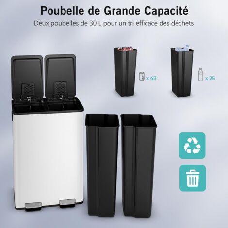 Poubelle double 60L a ouverture silencieuse et filtre anti-odeurs inox ...