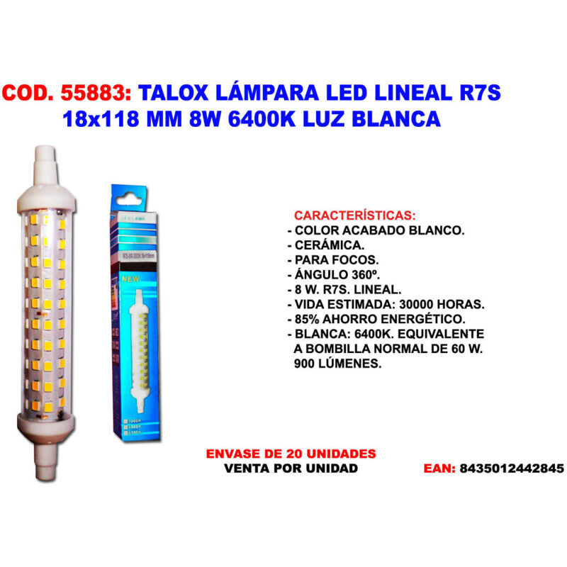 TALOX R7S lampada LED 18x118mm lineare 8W 6400K luce bianca