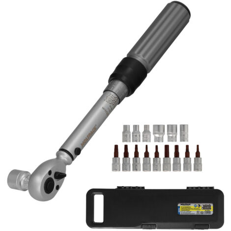 Set di chiavi dinamometriche da 1/4" con 9 punte esagonali e 5 bussole.