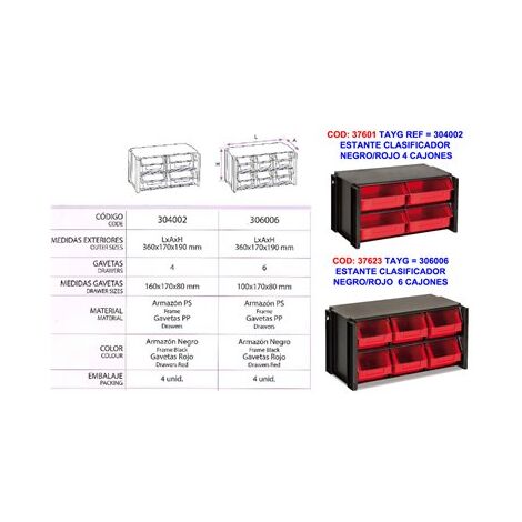 Scaffale di smistamento nero e rosso con 4 cassetti 304002