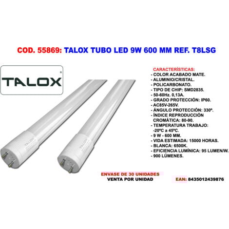 Tubo LED fluorescente TALOX LSG-T8 9W 600mm 6500K