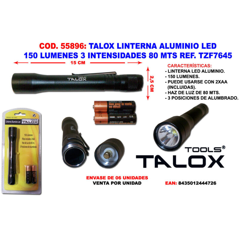 TALOX LED-Taschenlampe aus Aluminium, 150 Lumen, 3 Intensitäten, 80 m