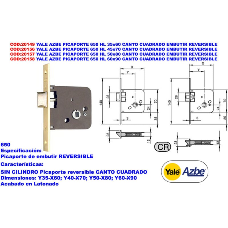 Yale Azbe Latch 650 HL 60x90 C/Cuadra Wende-Einsteckschloss