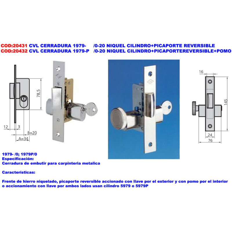 CVL Lock 1979 Nickelzylinder und umkehrbarer Riegel 80974