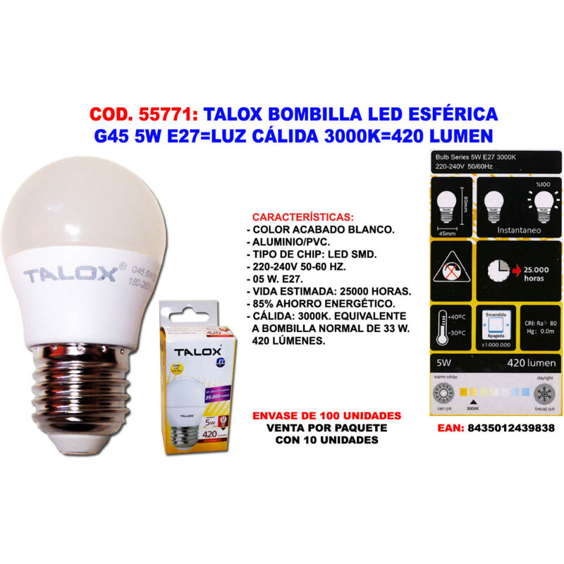 Sphärische LED-Glühbirne G45 5 W E27, warmes Licht 3000 K, 420 Lumen