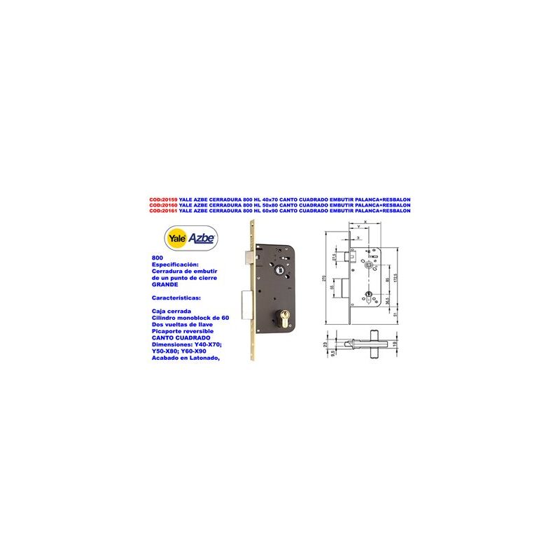 Yale Azbe 800 HL 40x70 Einsteckschloss mit Hebel und Riegel