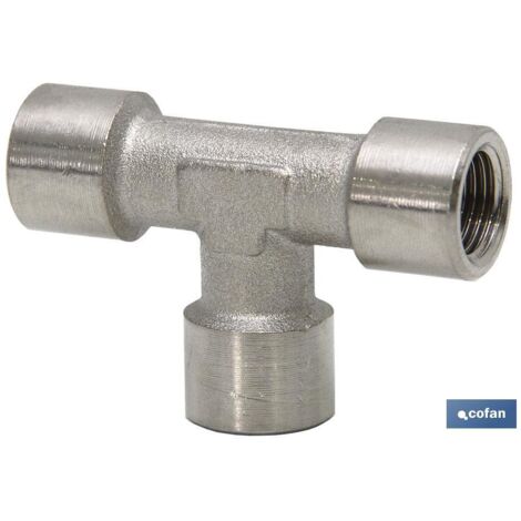 T-Stück mit Innengewinde M-5 aus vernickeltem Messing
