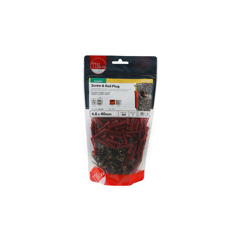 TIMCO Red Plastic Plugs with Screws - 30mm Red Plug, 4.0x40 Screw