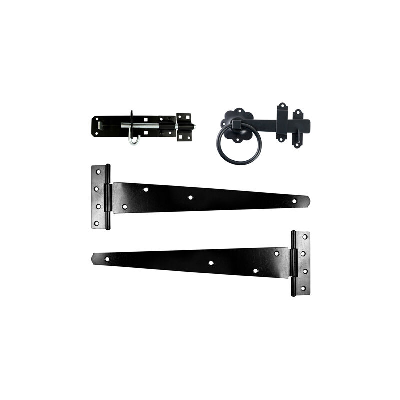 TIMCO Side Gate Kit Medium Tee Hinges Ring Latch & Brenton Padbolt Black - 18"